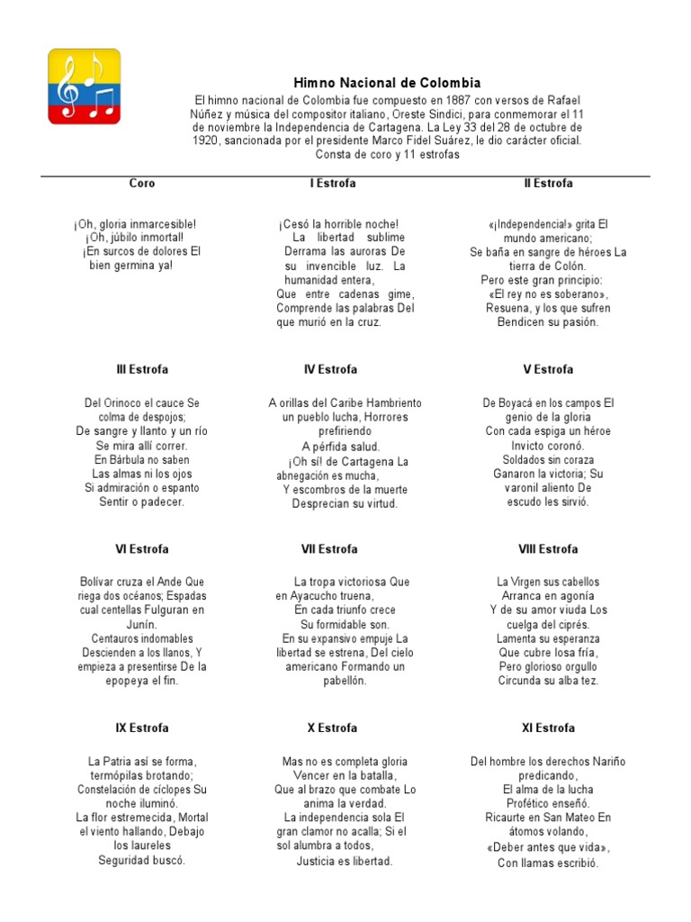 Himno Nacional De Colombia 11 Estrofas Pdf Colombia