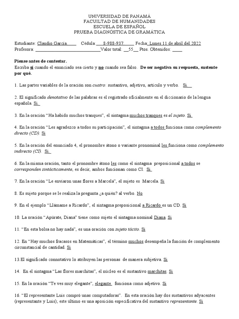 Copia de Prueba Diagnóstica de Gramática I-2022 | PDF | Asunto ...