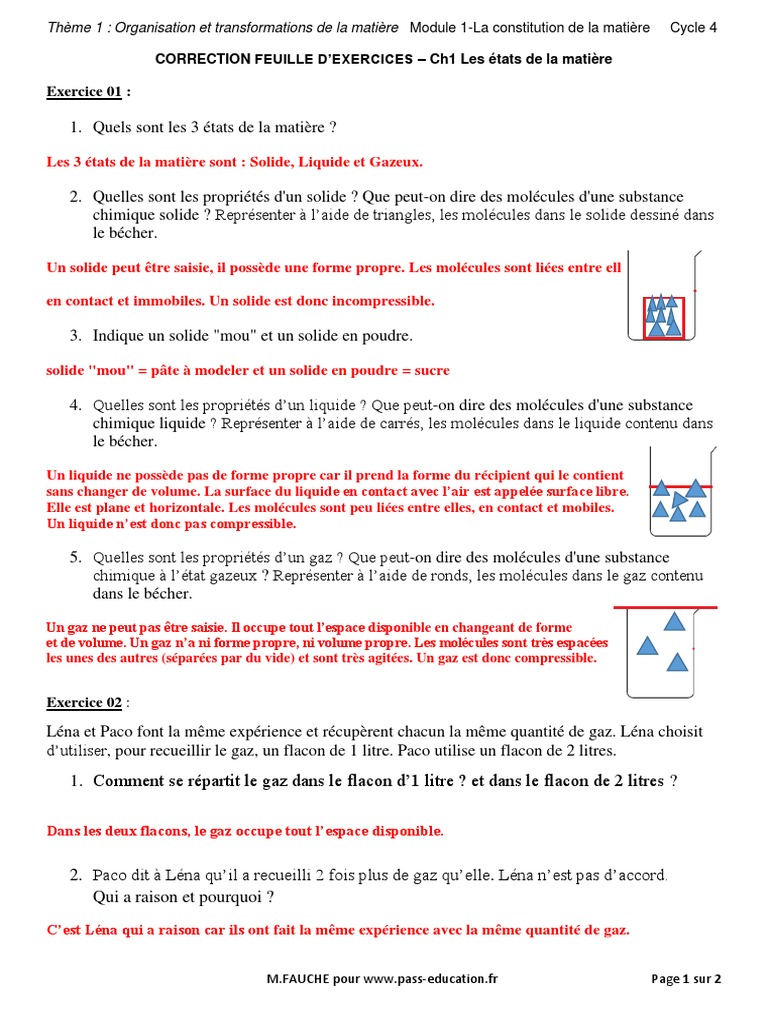 Exercices sur les états de la matière 5ème | PDF | Molécules | Gaz