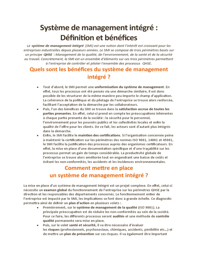 Avantages du Système de Management Intégré | PDF | Management de la ...
