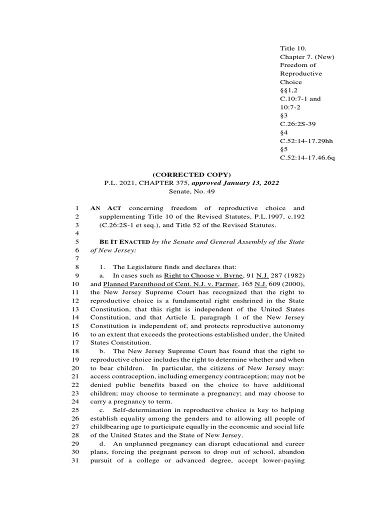 The New Jersey Freedom of Reproductive Choice Act | PDF | Reproductive ...