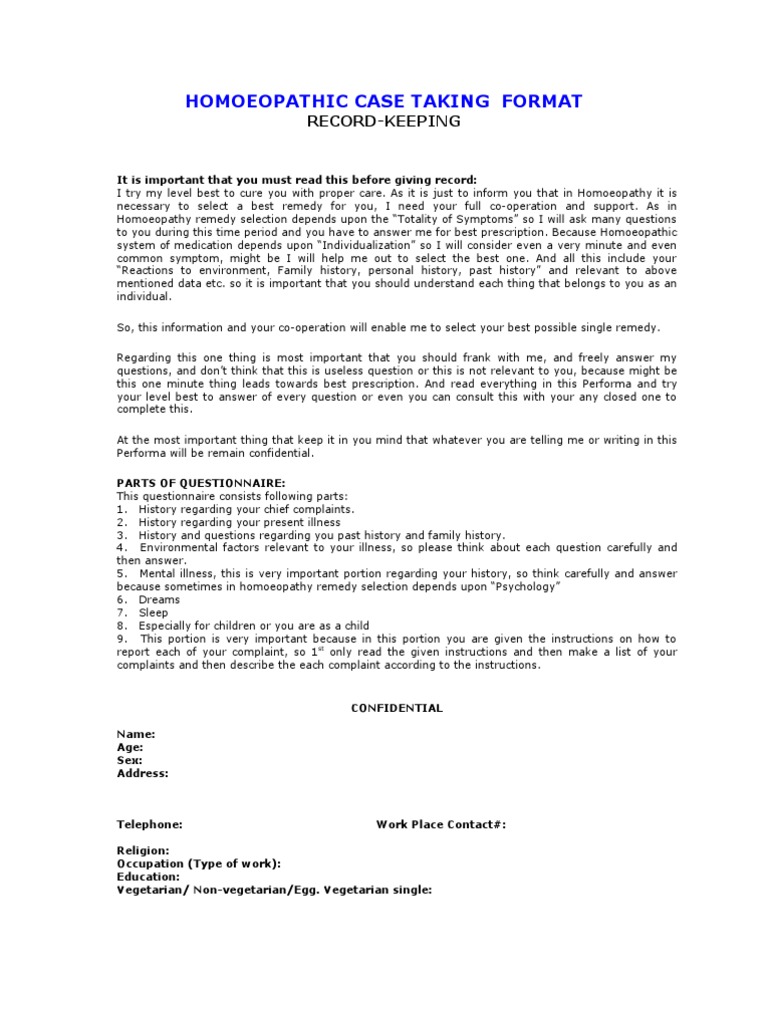 Homoeopathic Case Taking Format Guide | PDF | Homeopathy | Taste