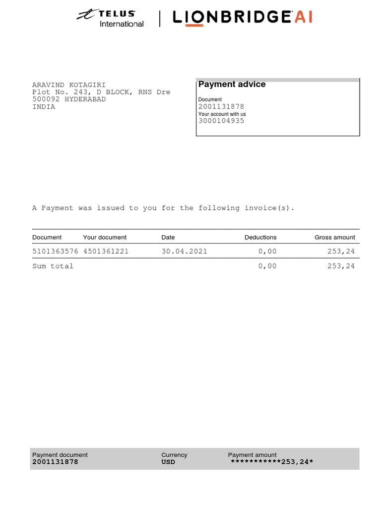 Payment Advice: Document Your Document Date Deductions Gross Amount ...