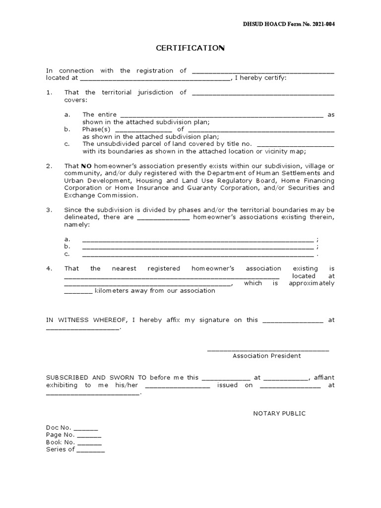 Certification: DHSUD HOACD Form No. 2021-004 | PDF
