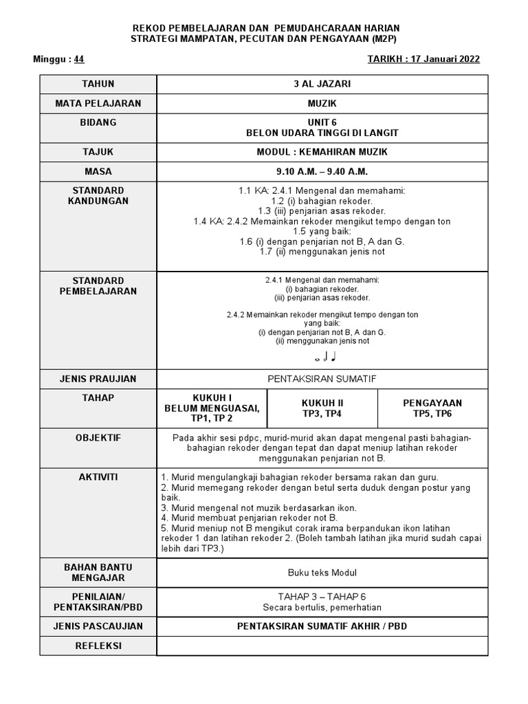 RPH TERBEZA Muzik Tahun 3 2022 | PDF