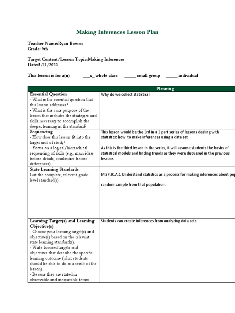Making Inferences Lesson Plan: Planning | Download Free PDF ...