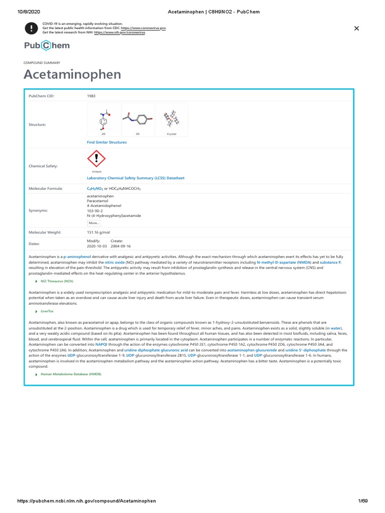 Acetaminophen - C8H9NO2 - PubChem | PDF | Analgesic | Physical Sciences