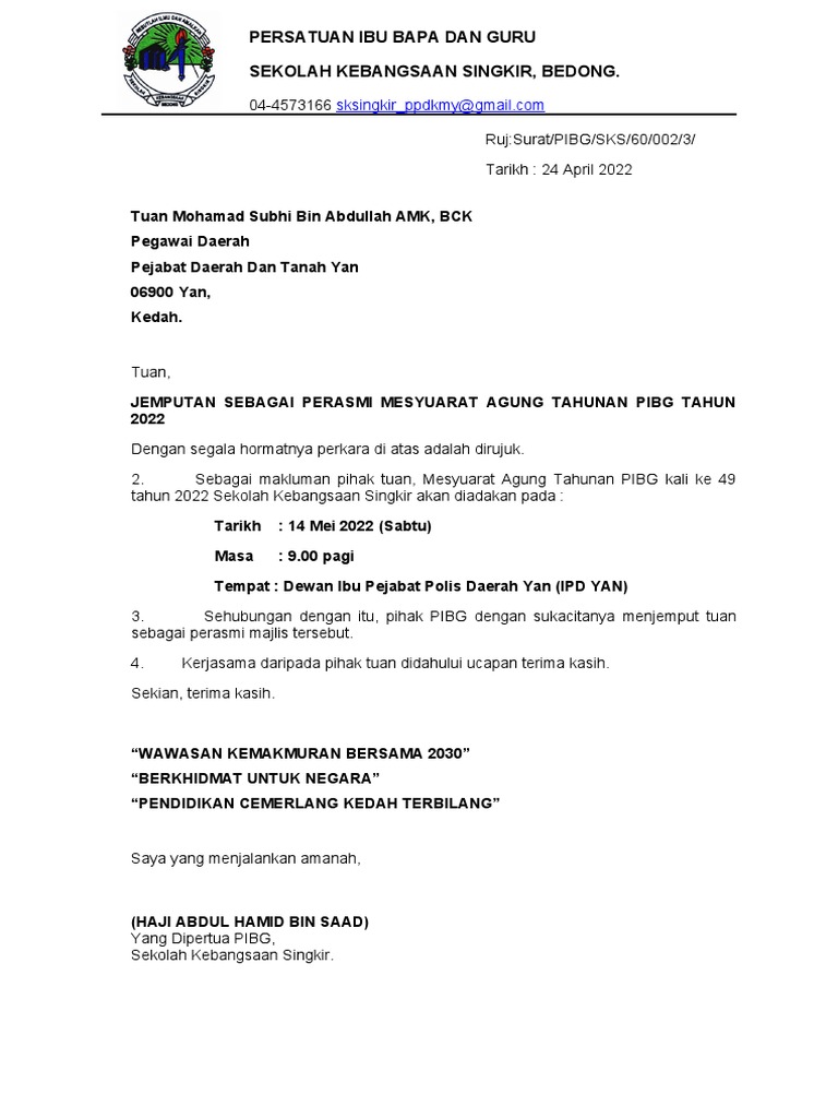 Surat Jemputan Perasmi PIBG 2022 | PDF