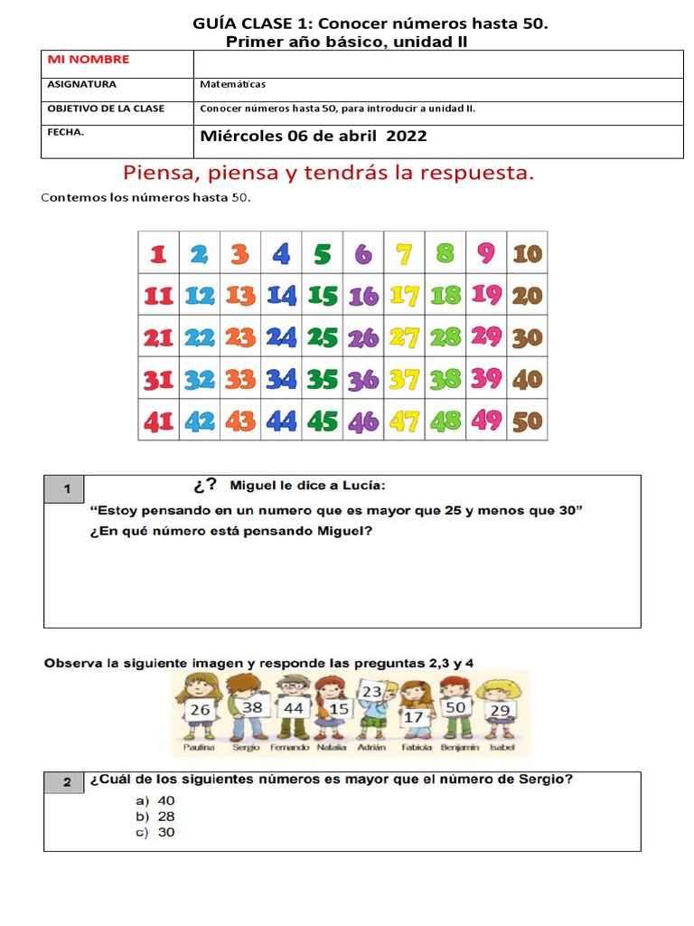 Números hasta 50: Guía de Clase 1 | PDF
