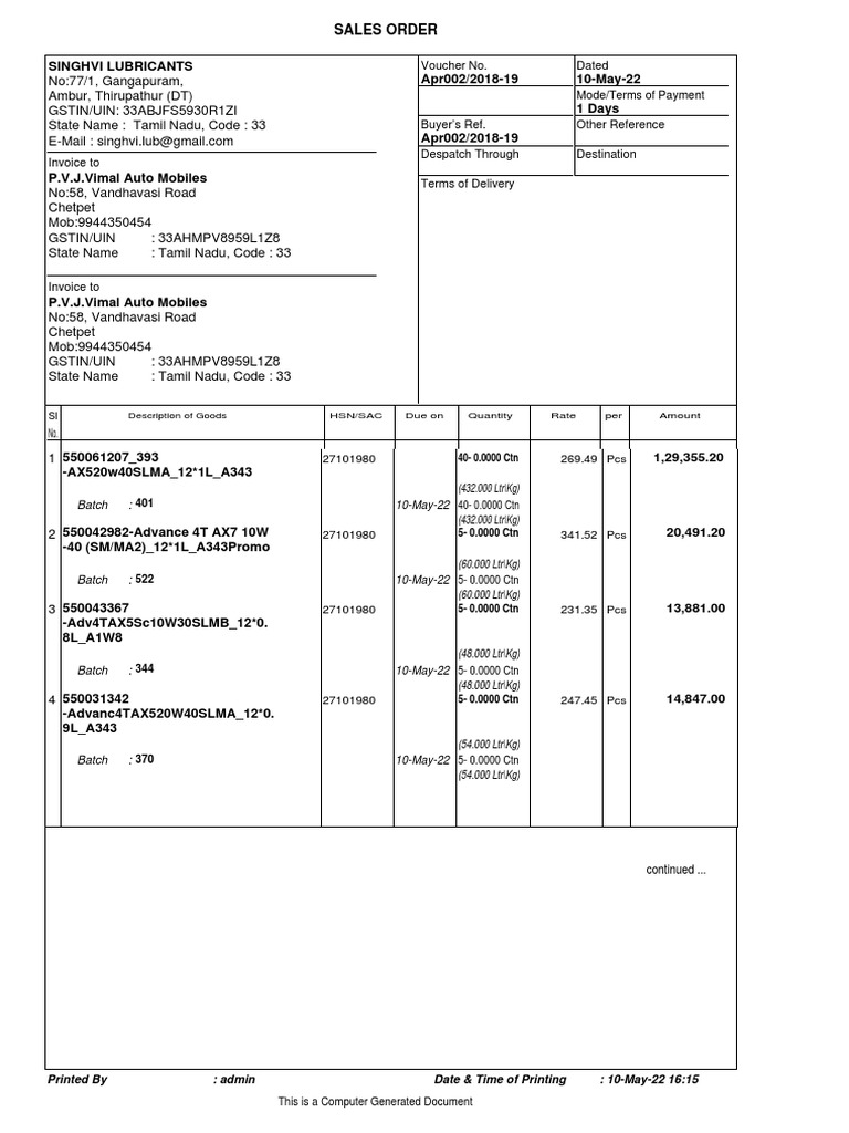 Sales Order: Voucher No. Dated | PDF | Payments | Accounting