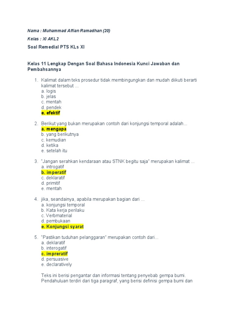 Soal Remedial PTS KLs XI - M.alfian XI AKL2 | PDF | Kajian Bahasa Asing