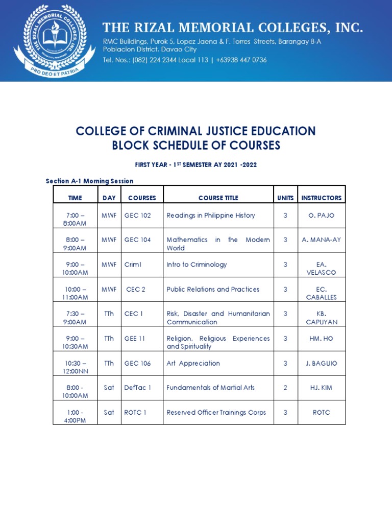 College of Criminal Justice Education Block Schedule of Courses | PDF ...