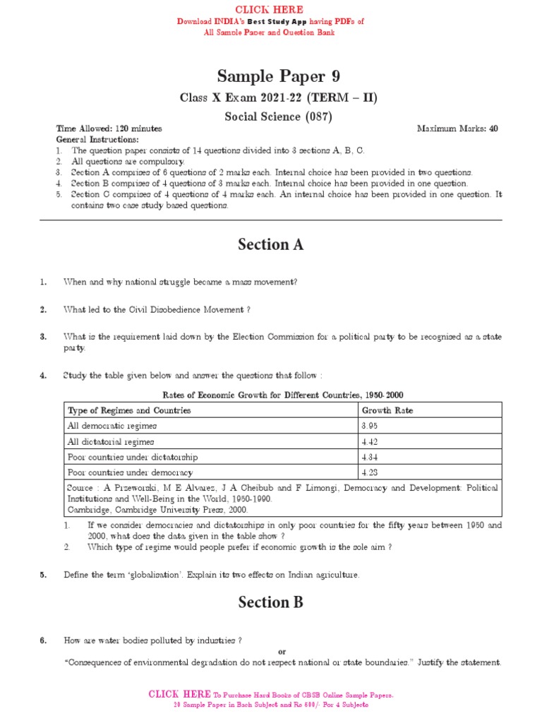Sample Paper 9: Class X Exam 2021-22 (TERM - II) Social Science | PDF ...
