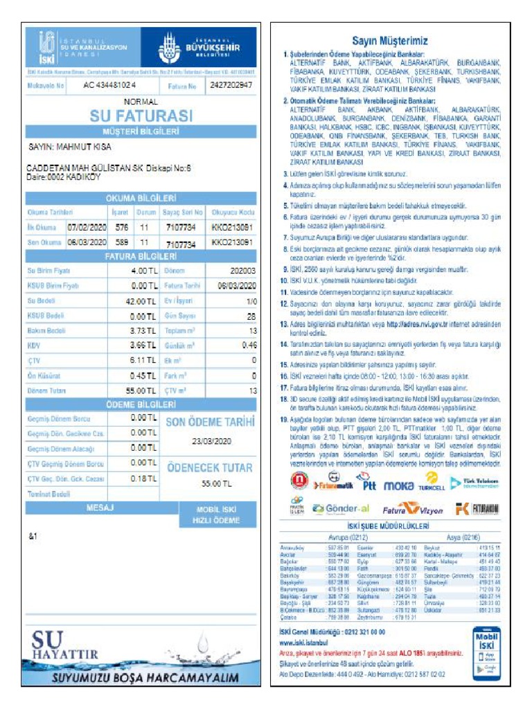 Turkish Water Utility Bill | PDF