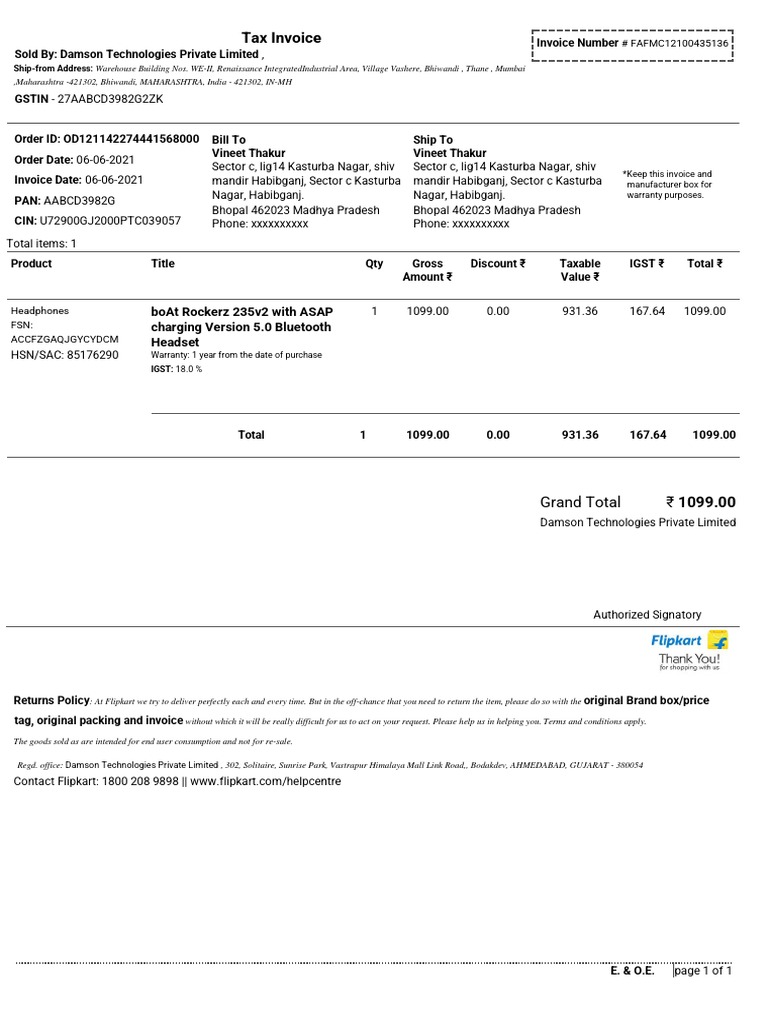 Tax Invoice: Boat Rockerz 235V2 With Asap Charging Version 5.0 ...