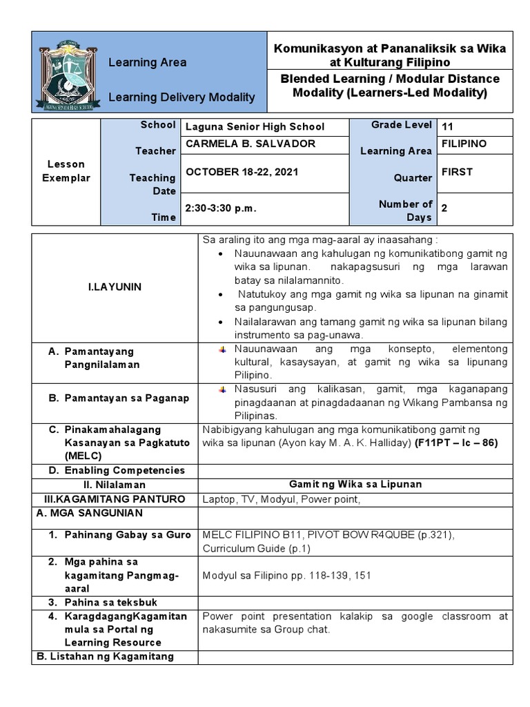 4as Lesson Plan M. Siatriz 1ST QUARTER WEEK 6 | PDF