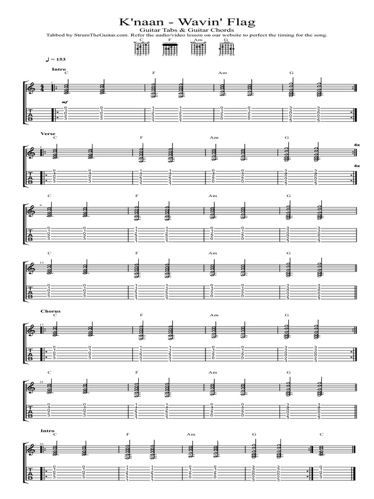 Wavin' Flag Guitar Chords and Tabs | PDF | Songs | Rock Songs