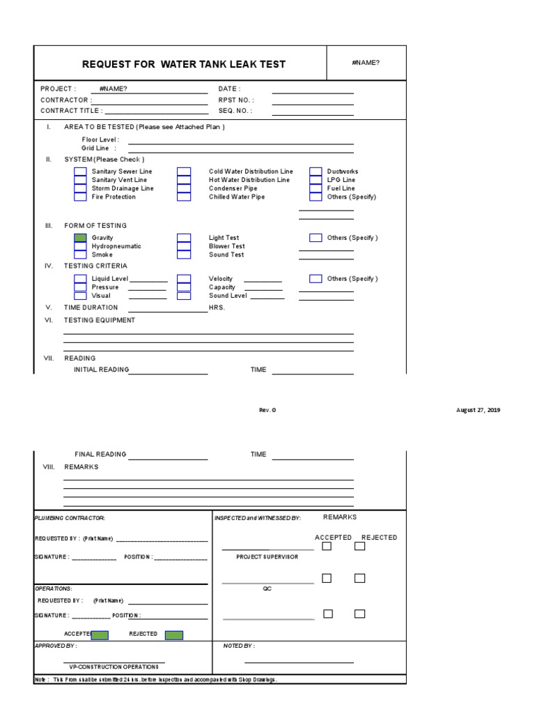 Water Tank Leak Test Request Form | PDF | Plumbing | Chemical Engineering