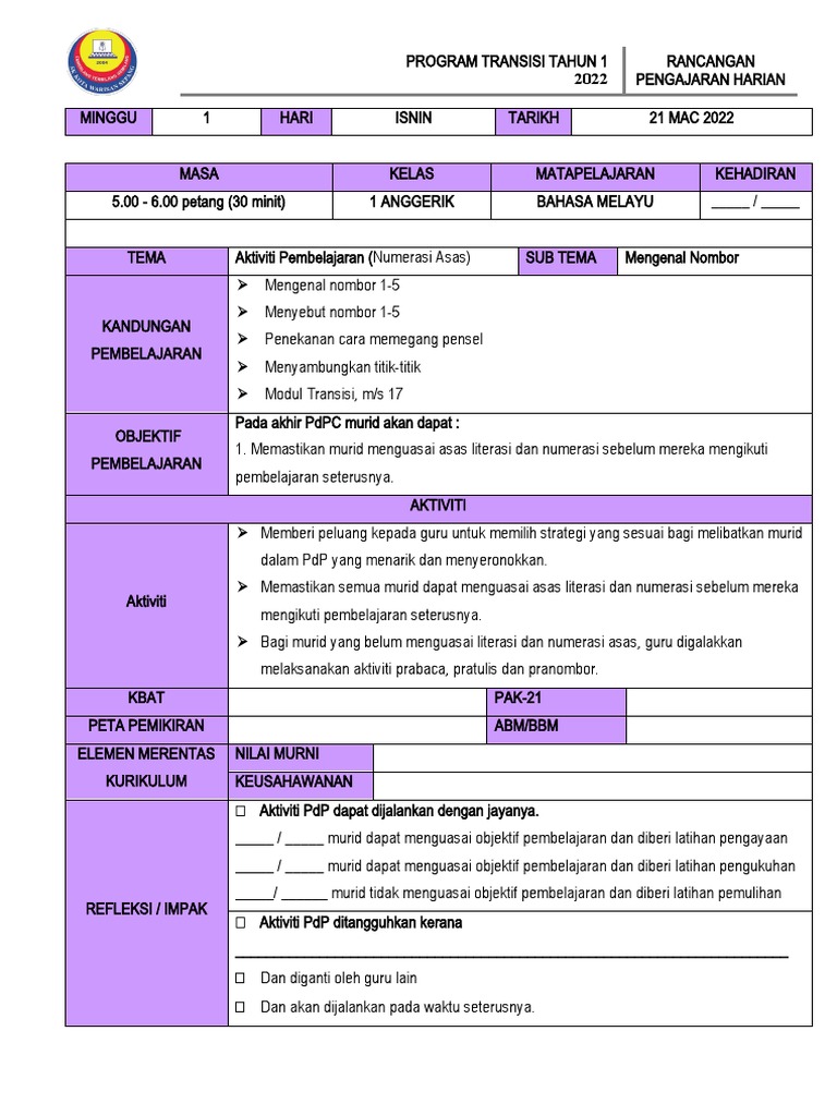 Template RPH Minggu Transisi | PDF