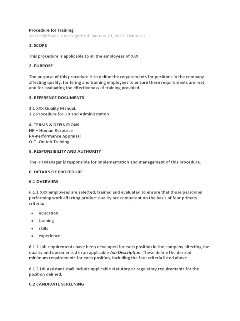 Procedure For Training | PDF | Cognition | Employment