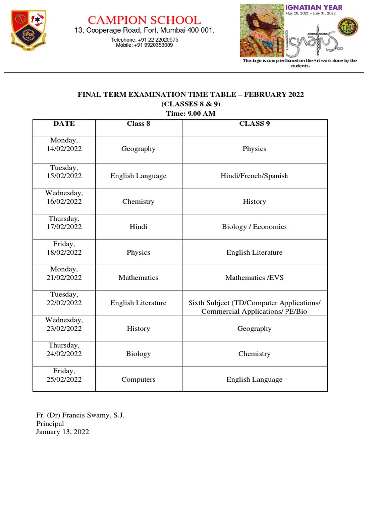 Final Exam Timetable - 8 and 9 | PDF