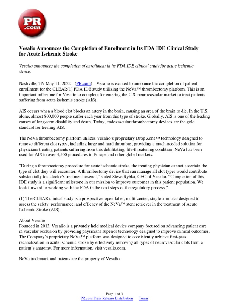 Vesalio Announces The Completion of Enrollment in Its FDA IDE Clinical ...