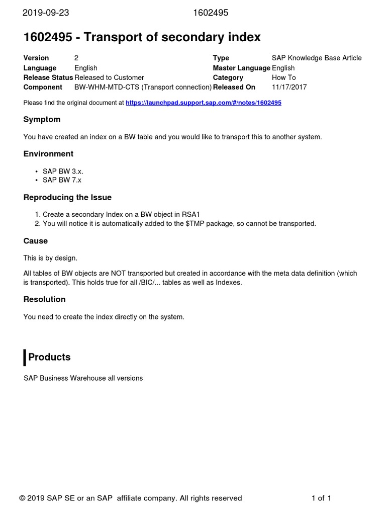 Transport of Secondary Index | PDF