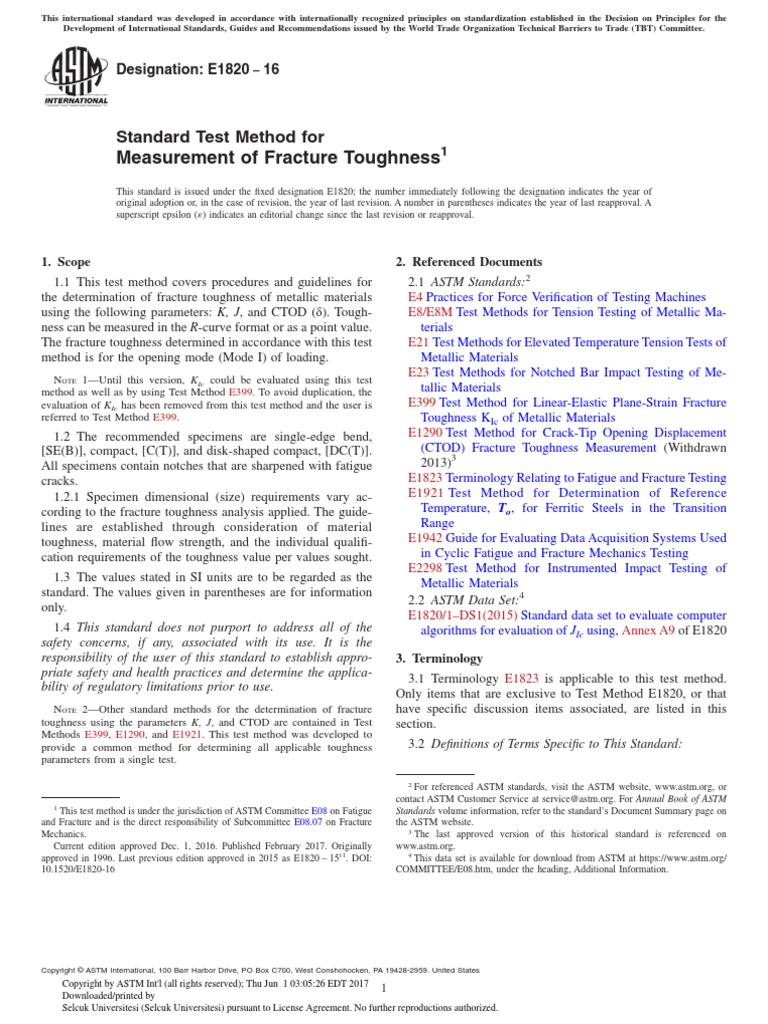 ASTM - E1820 - Measurement of Fracture Toughness | PDF | Fracture | Fracture Mechanics