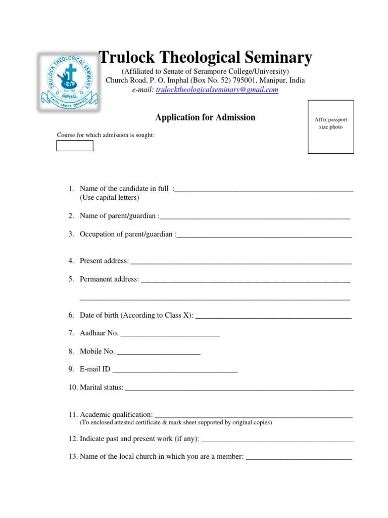 Trulock Theological Seminary: Application For Admission | PDF ...