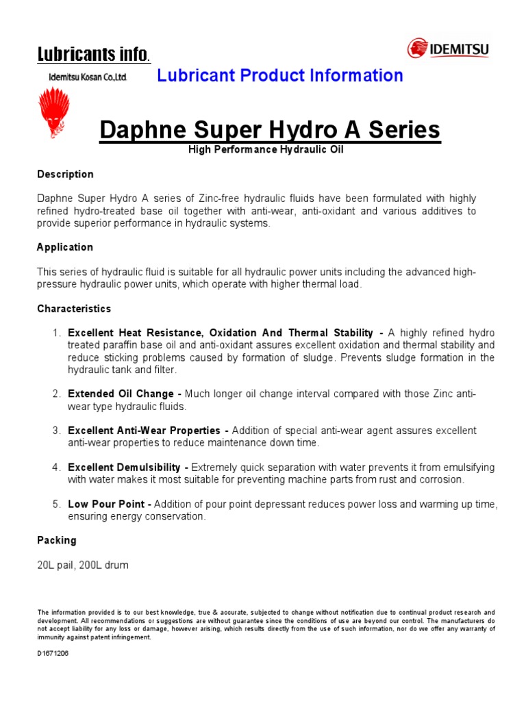 Daphne Super Hydro A Series: Lubricant Product Information | PDF ...