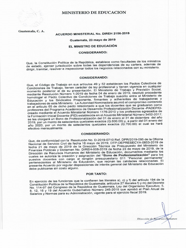 DIREH Acuerdo Ministerial No. DIREH-2156-2019 Bono Padep | PDF