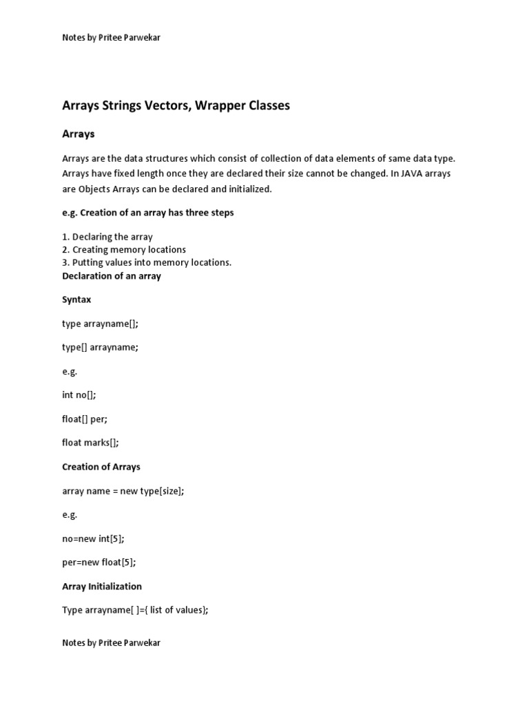 Arrays Strings Vectors Wrapper Class Pdf Array Data Structure Data Type