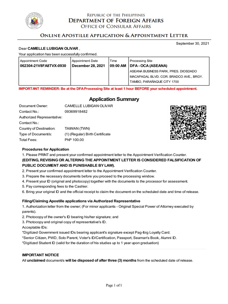 Application Summary: IMPORTANT REMINDER: Be at The DFA Processing Site ...