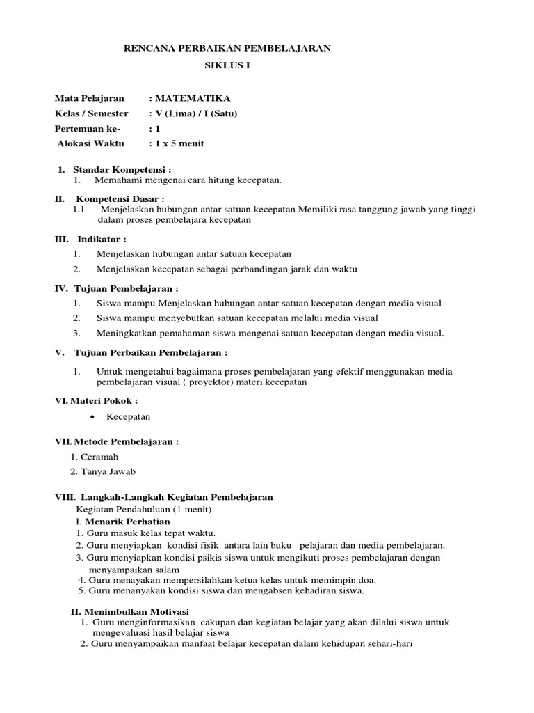 Rencana Perbaikan Pembelajaran Siklus I | PDF
