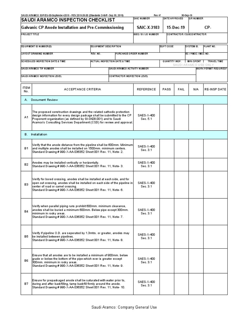 Saudi Aramco Inspection Checklist: Galvanic CP Anode Installation and ...