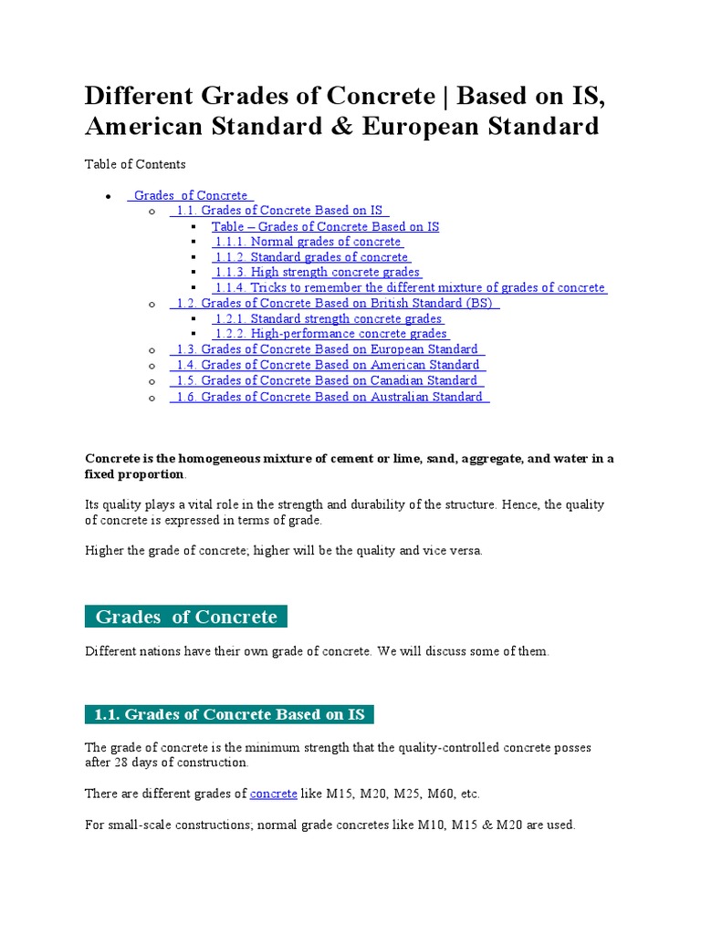 Different Grades of Concrete | PDF | Concrete | Precast Concrete