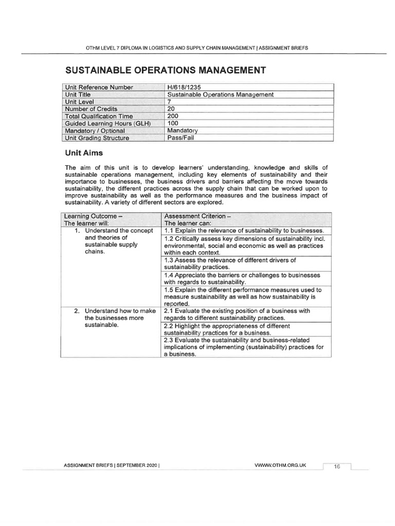 Sustainable Operations Management Assessment Brief | PDF
