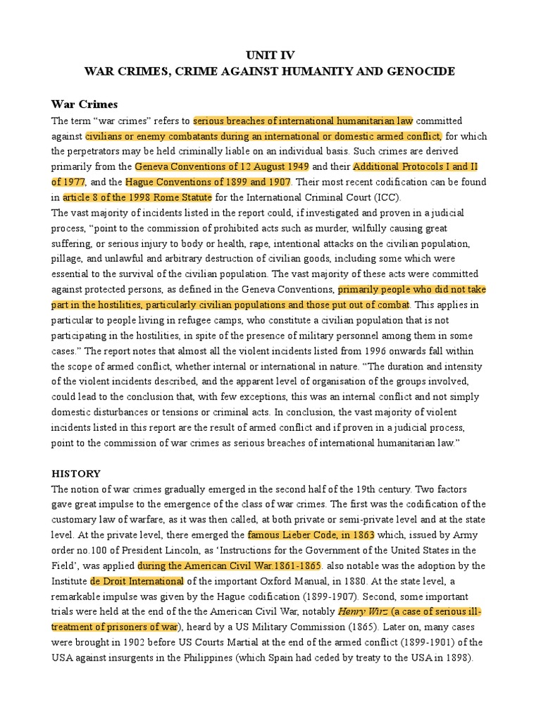 Unit Iv War Crimes, Crime Against Humanity and Genocide War Crimes ...