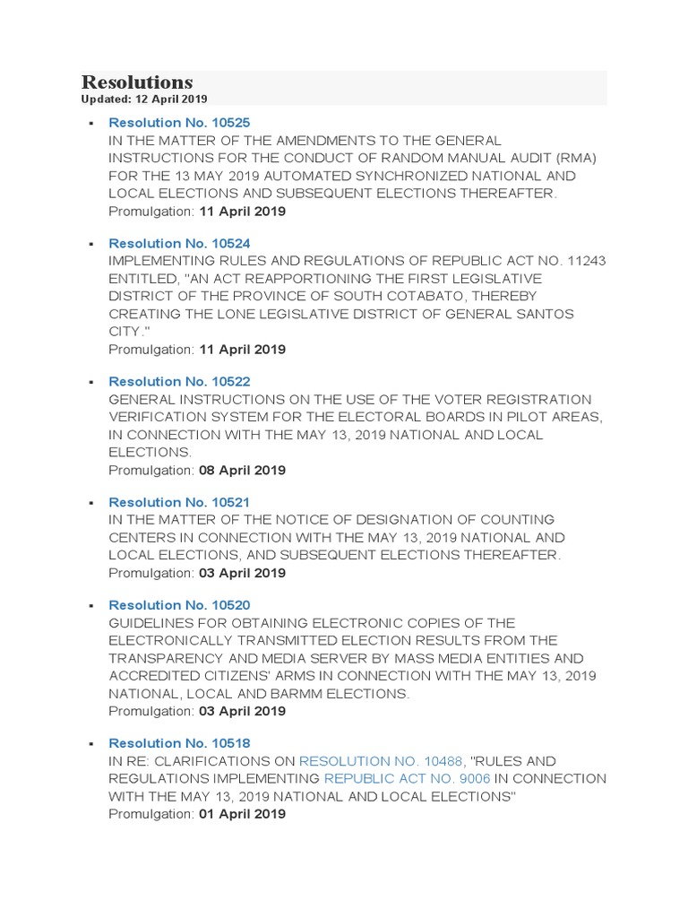 2019 Philippine Election Resolutions | PDF | Elections | Government