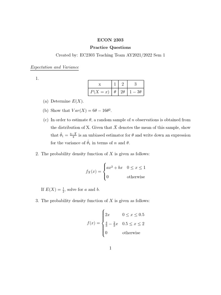 ECON 2303 Practice Questions | PDF | Variance | Estimator