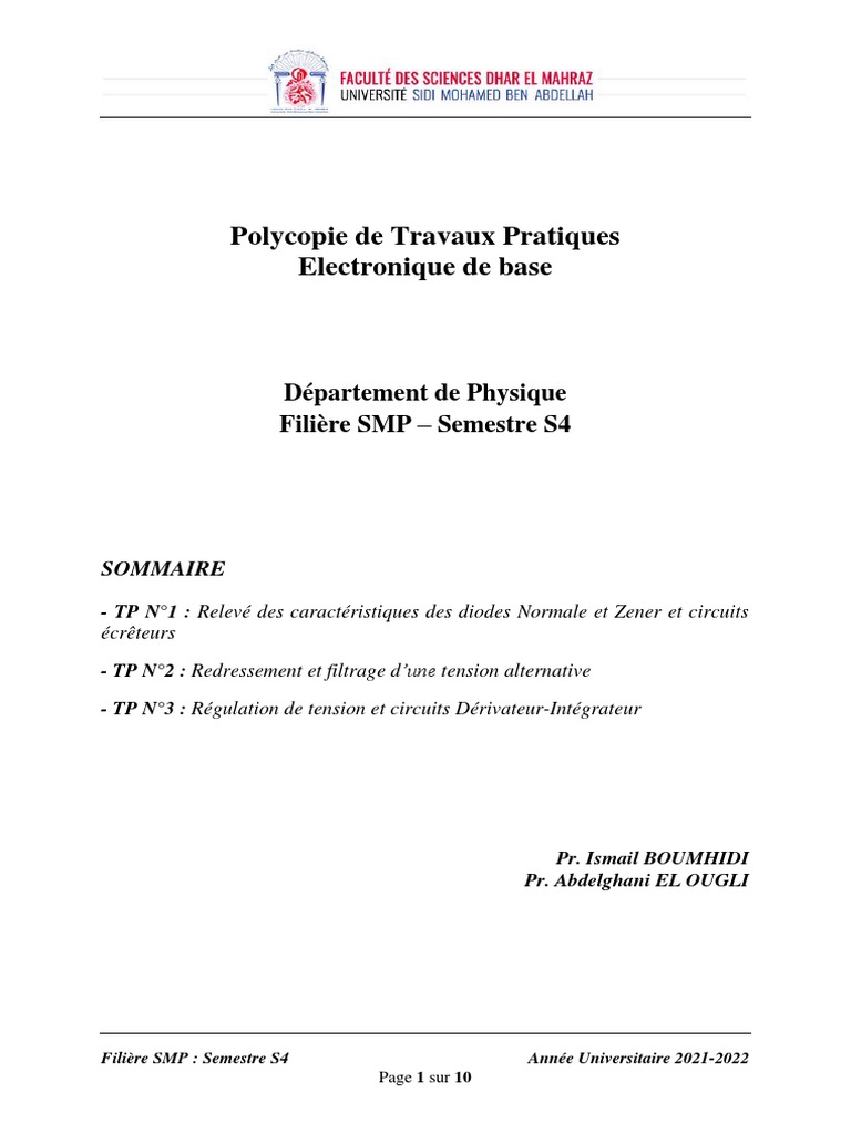 Polycopie de TP Electronique de Base | PDF | Diode | Redresseur