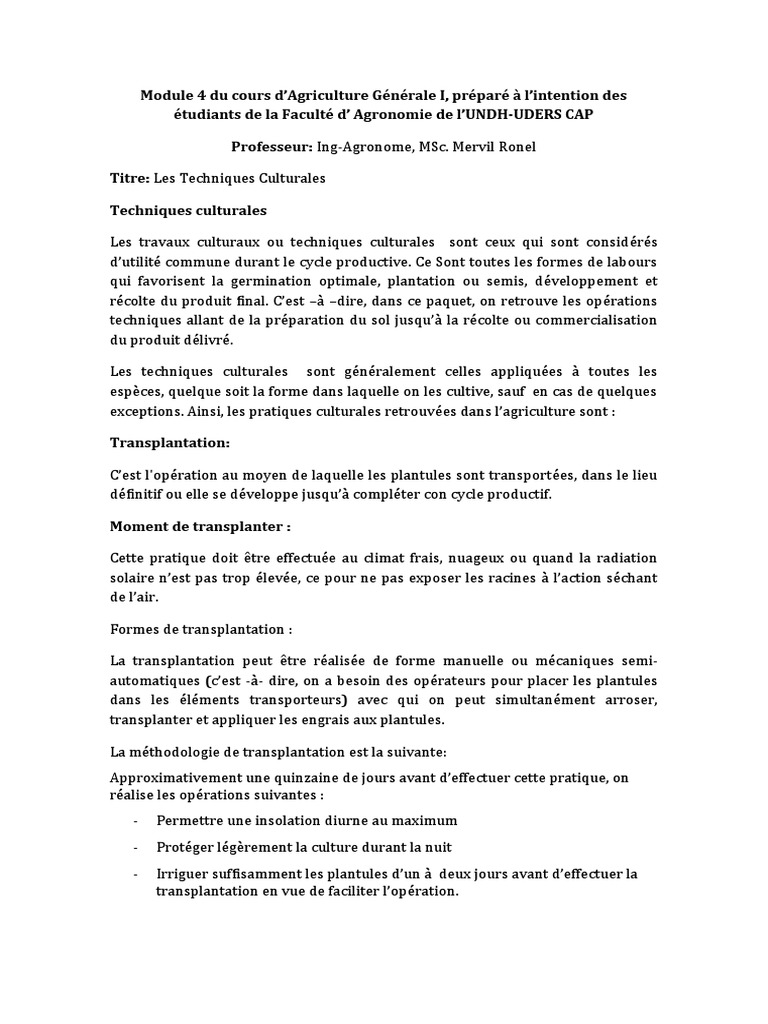 Module 4, Techniques Culturales | PDF | Labour | Sol (pédologie)