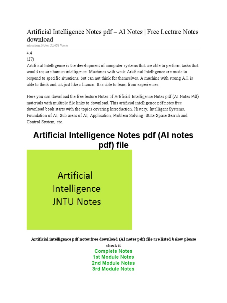 Artificial Intelligence Notes PDF (AI Notes PDF) File | PDF ...