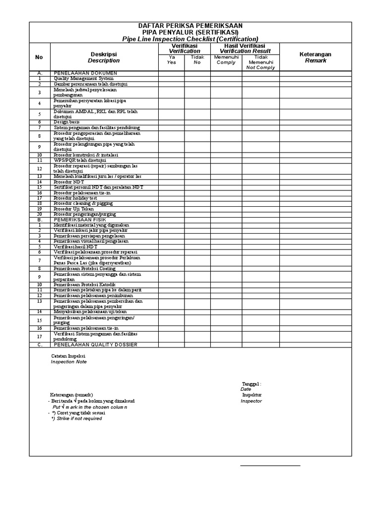 Contoh Checklist PIPELINE | PDF