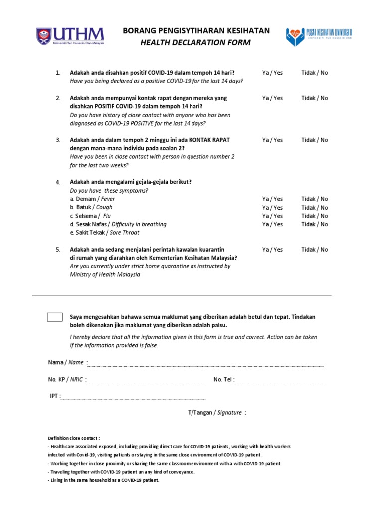 Borang Pengisytiharan Kesihatan: Health Declaration Form | PDF ...