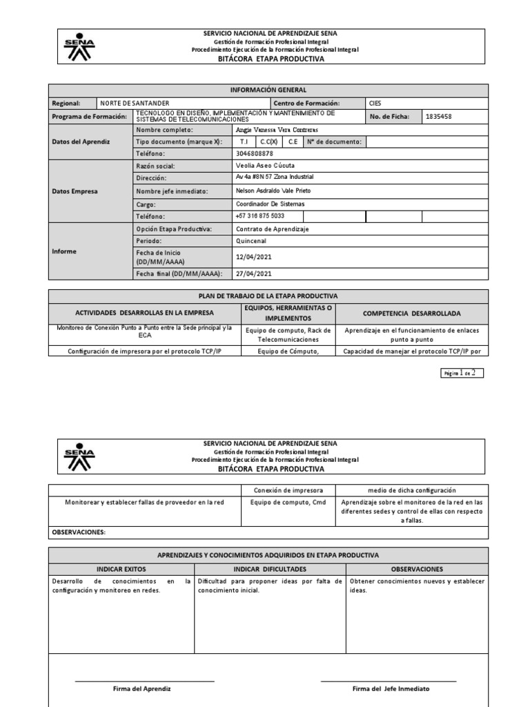 Ejemplo de Bitacora Sena | PDF | Edad de información | Red de arquitectura