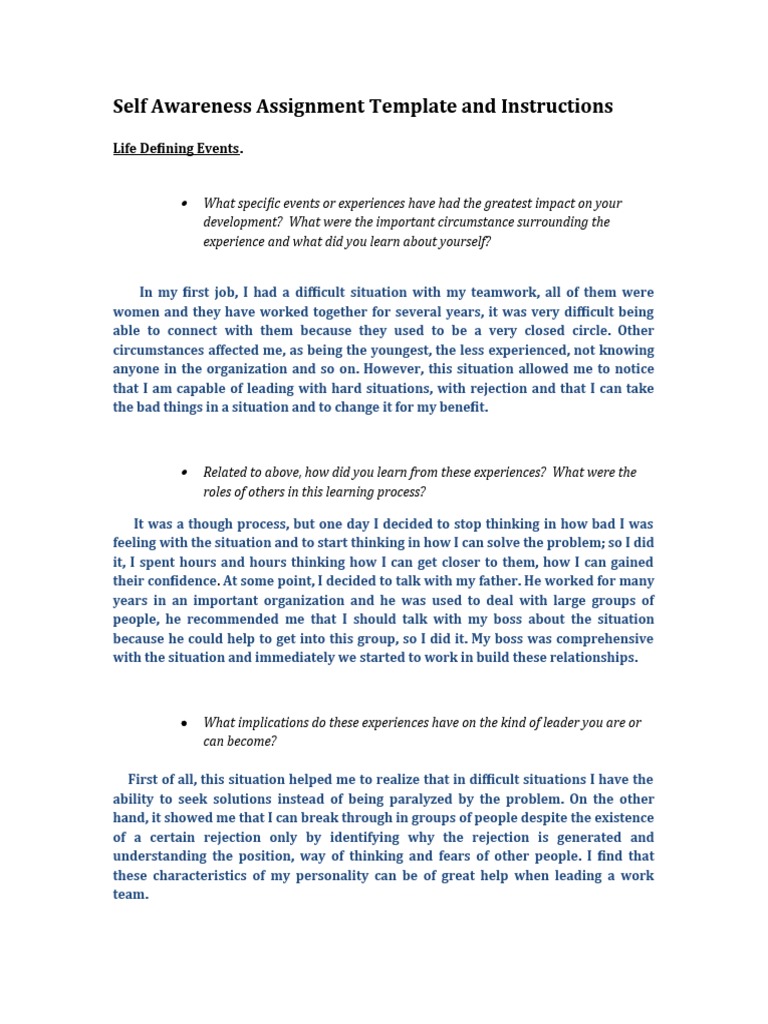 Self Awareness Assignment Template and Instructions: Life Defining ...