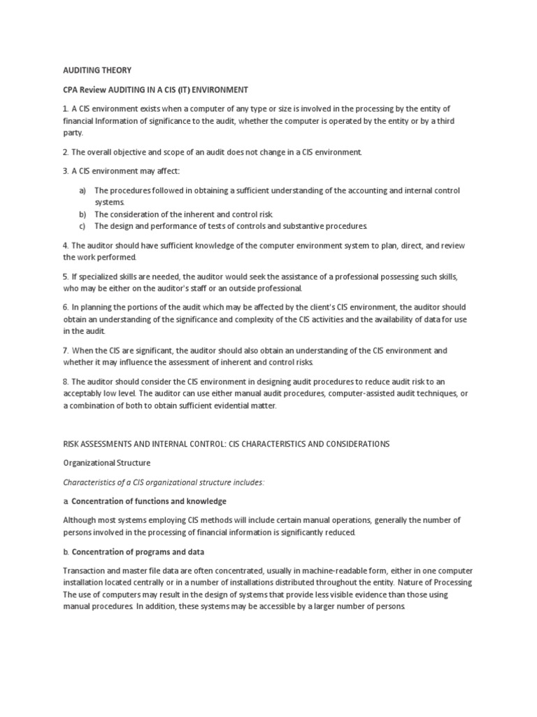 Auditing Theory Cpa Review Auditing in A Cis (It) Environment | PDF | Internal Control | Audit