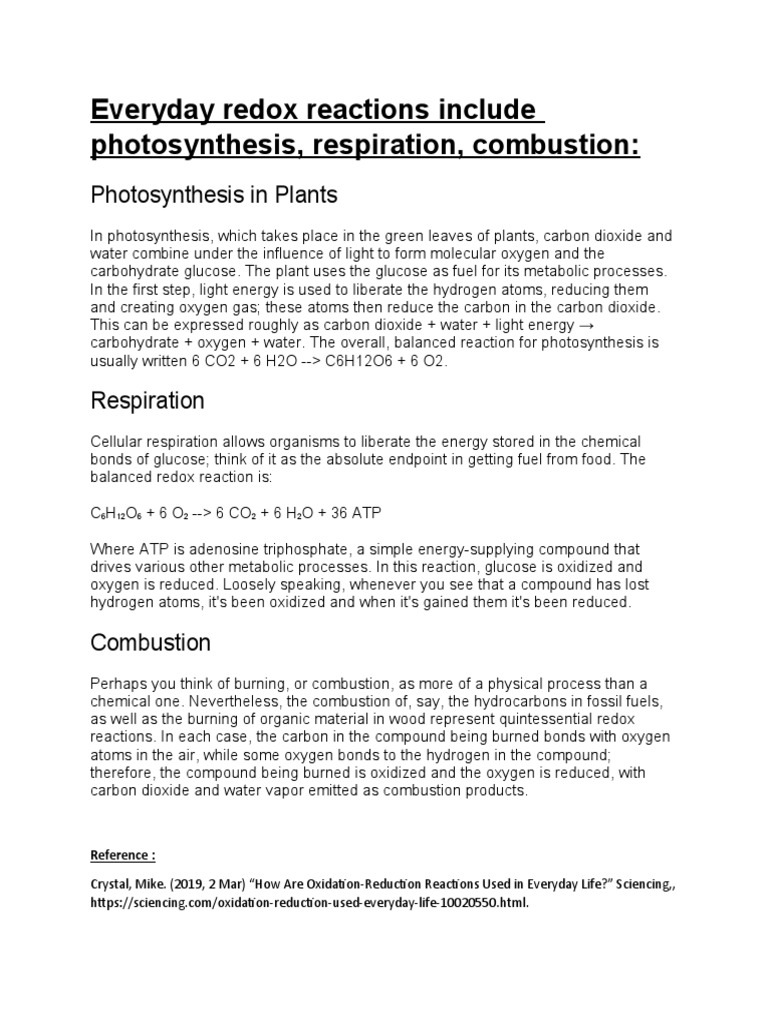 Everyday Redox Reactions Include Photosynthesis | PDF