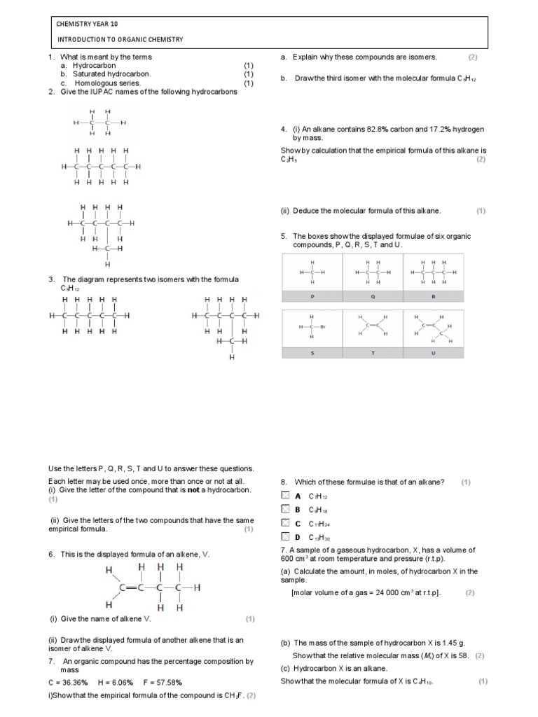 Chemistry Year 10 Organic Chemistry Test | PDF | Alkane | Hydrocarbons